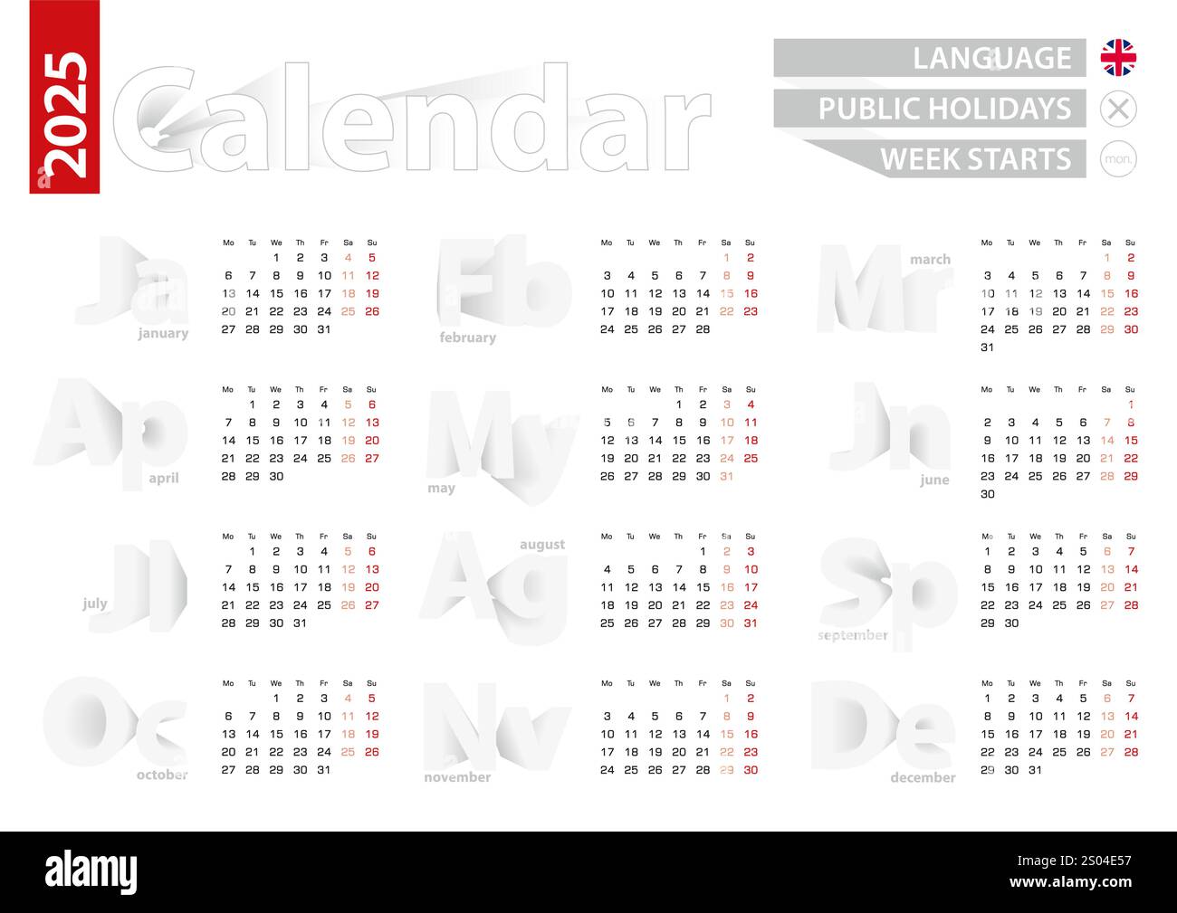 Calendar for 2025 year in english language, gray vector calendar. 2025 ...