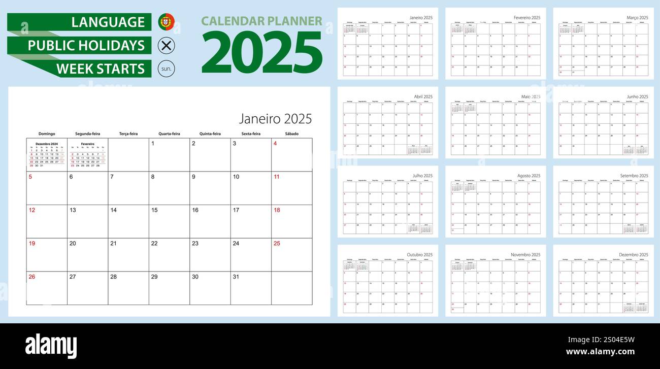 Portuguese calendar planner for 2025. Portuguese language, week starts ...
