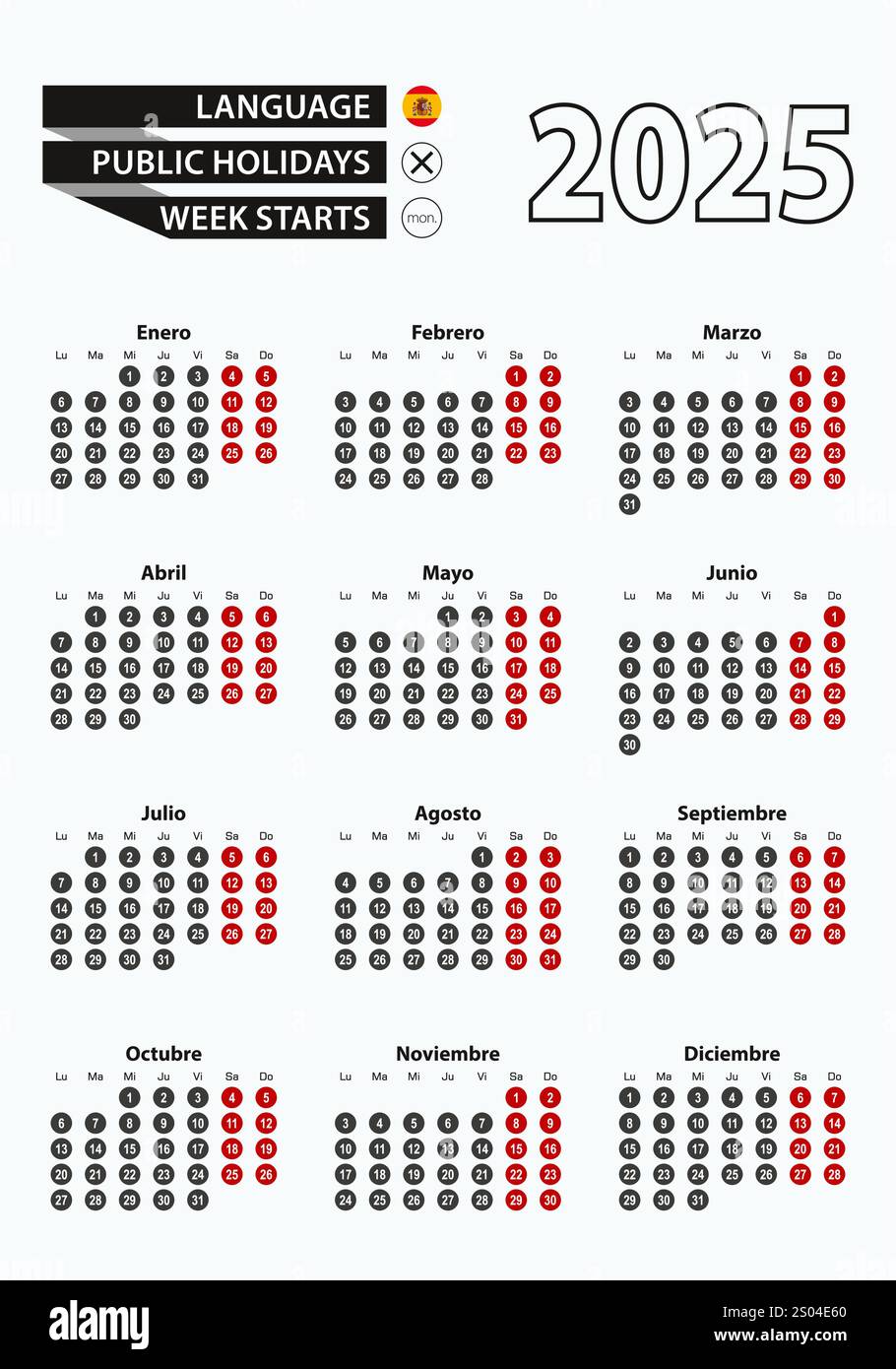 Vector template calendar 2025 with number in circles, simple Spanish ...