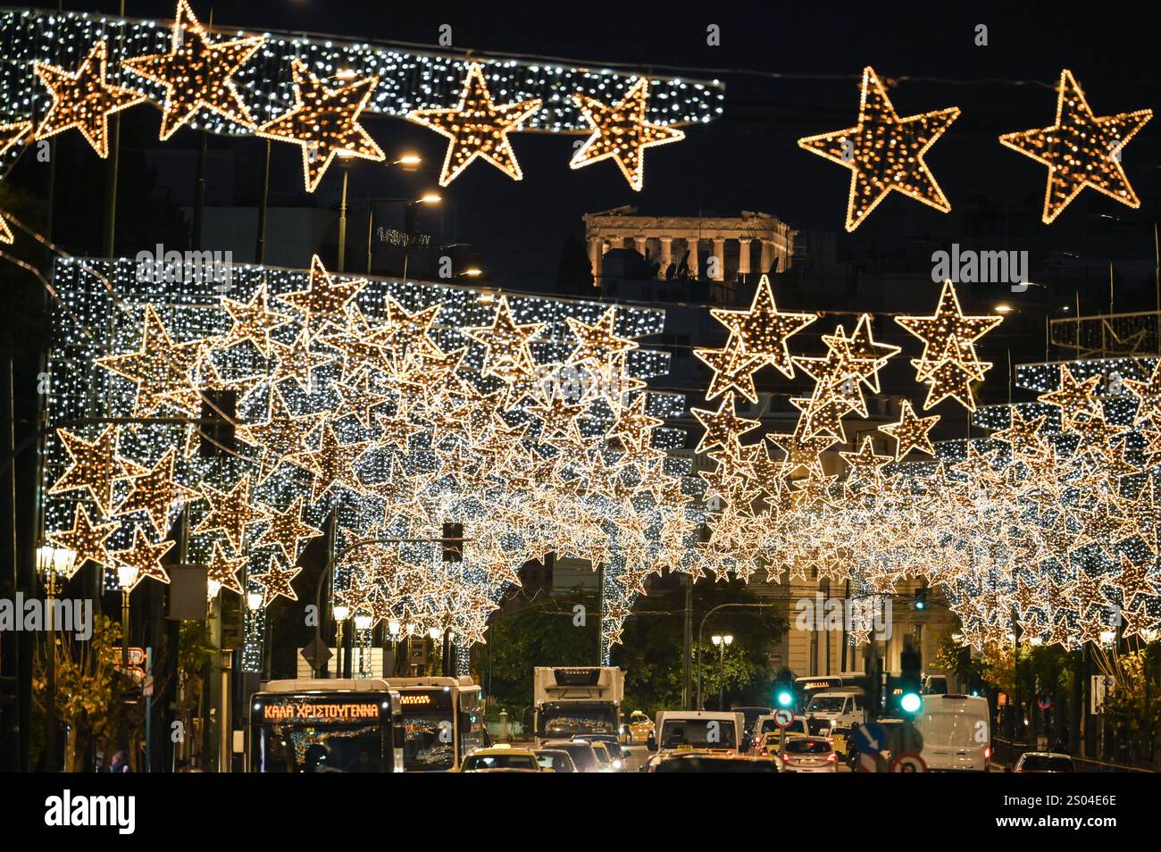 Athens, Greece. 24 December 2024. A main street is adorned with ...