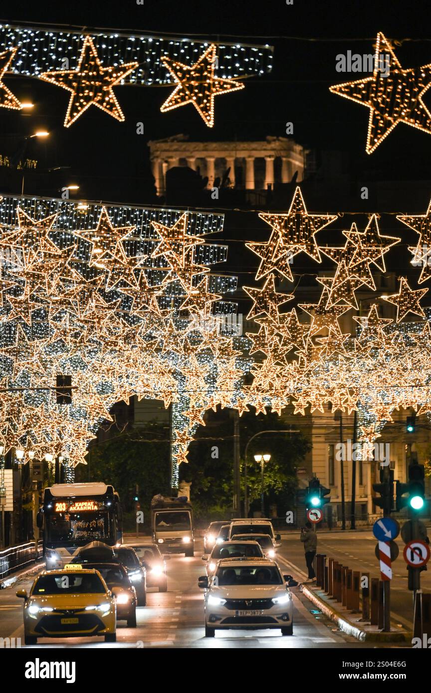 Athens, Greece. 24 December 2024. A main street is adorned with ...