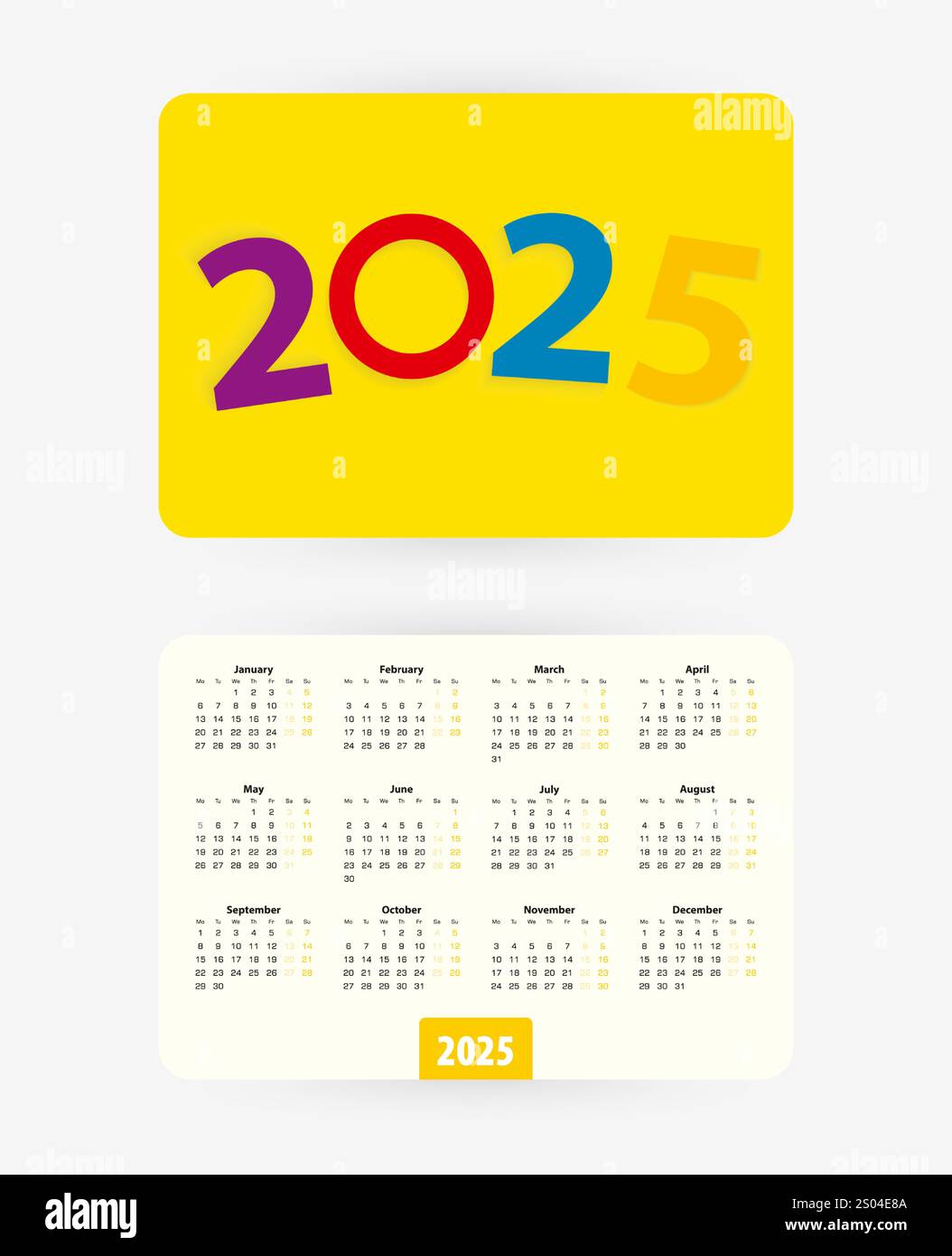 2025 pocket calendar with colorful numbers of year 2025, week starts on ...