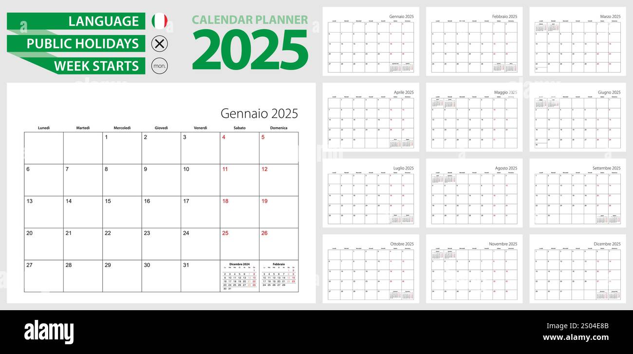 Italian calendar planner for 2025. Italian language, week starts from ...
