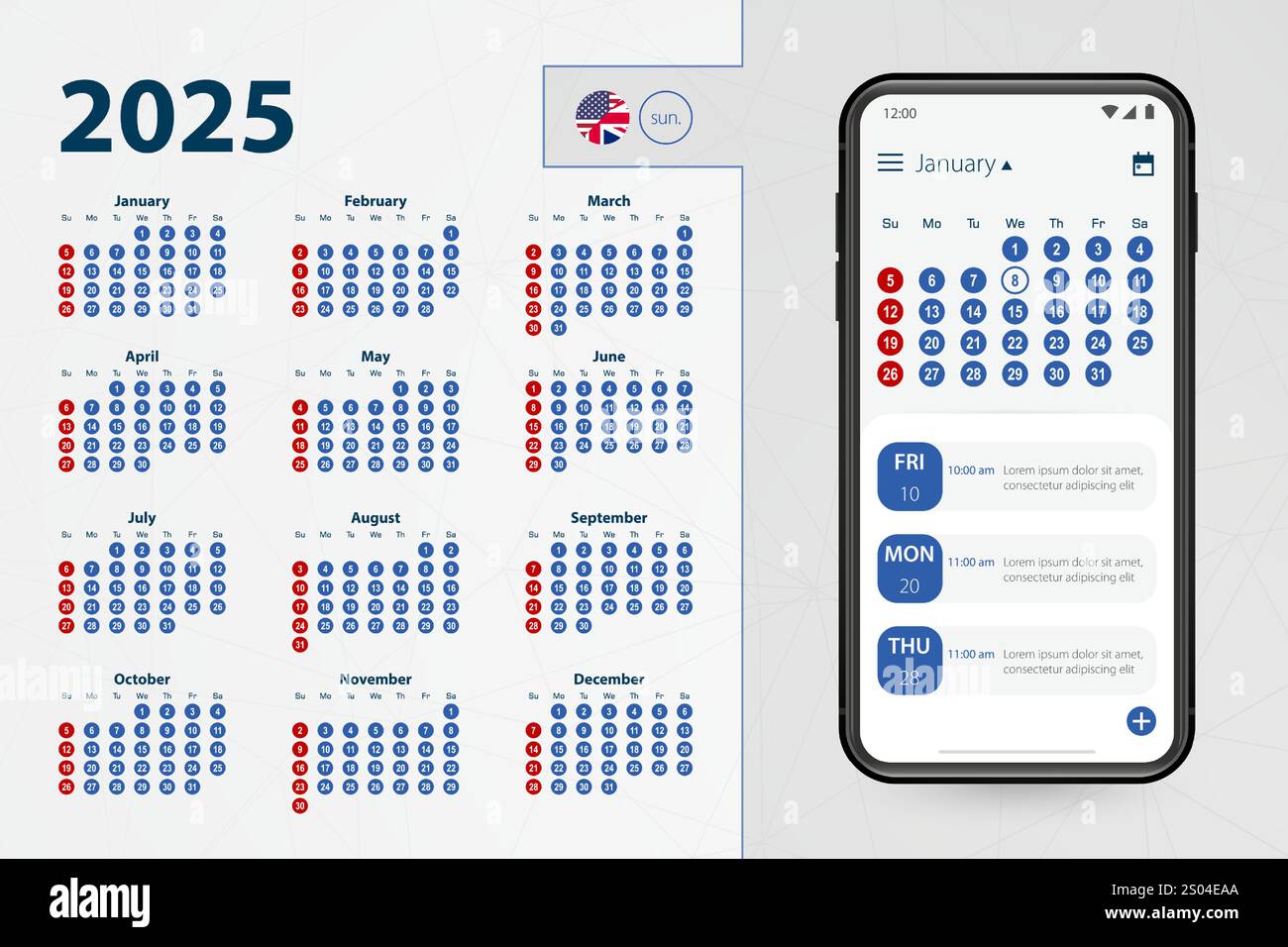 Calendar application for Smartphone. Vector calendar 2025 week starts ...