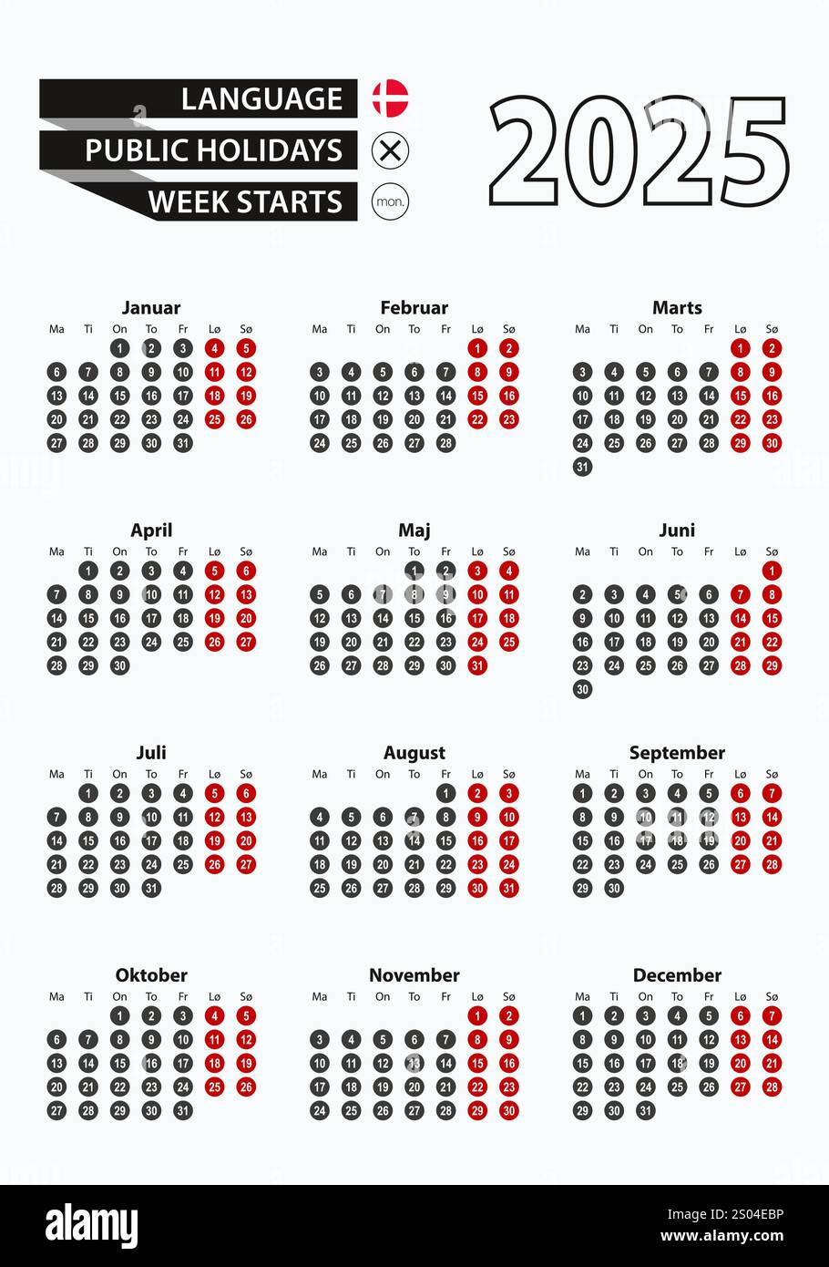 Vector template calendar 2025 with number in circles, simple Danish ...