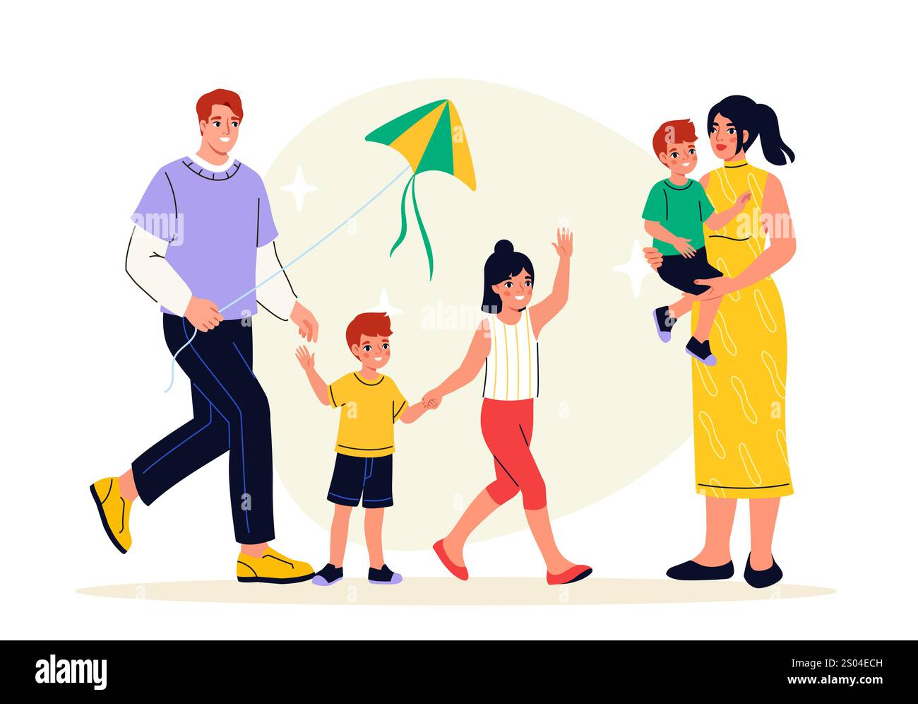 Happy family scene. Man and woman with children playing with kite ...