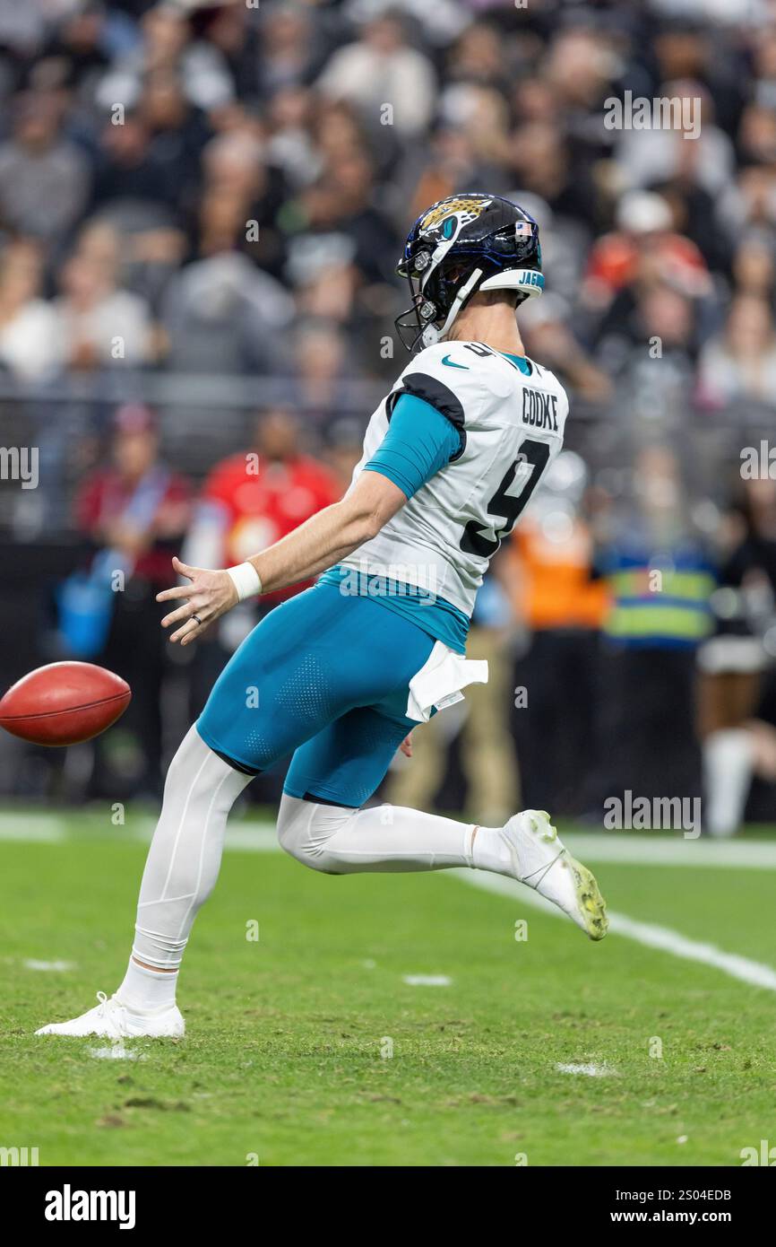 Jacksonville Jaguars punter Logan Cooke (9) punts against the Las Vegas ...