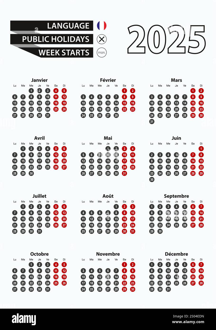 Vector template calendar 2025 with number in circles, simple French ...