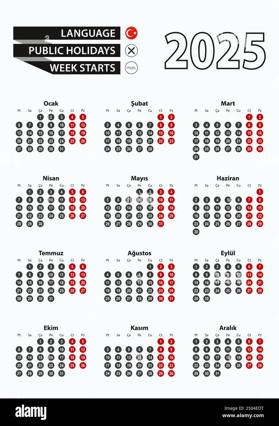Vector template calendar 2025 with number in circles, simple Turkish ...