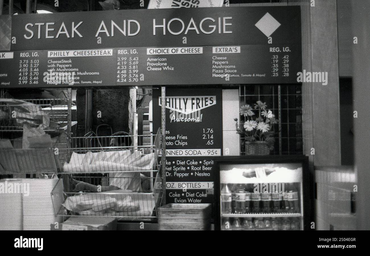 1990s, Steak and Hoagie restaurant, Boston, USA, interior, wall menu ...