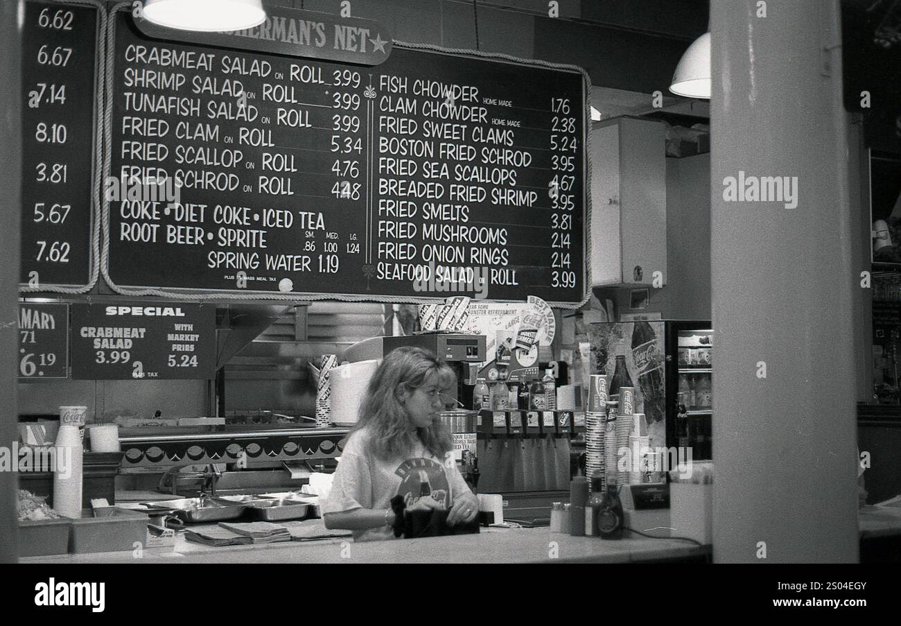 1990s, inside a fast food restaurant specialising in fish, with the ...