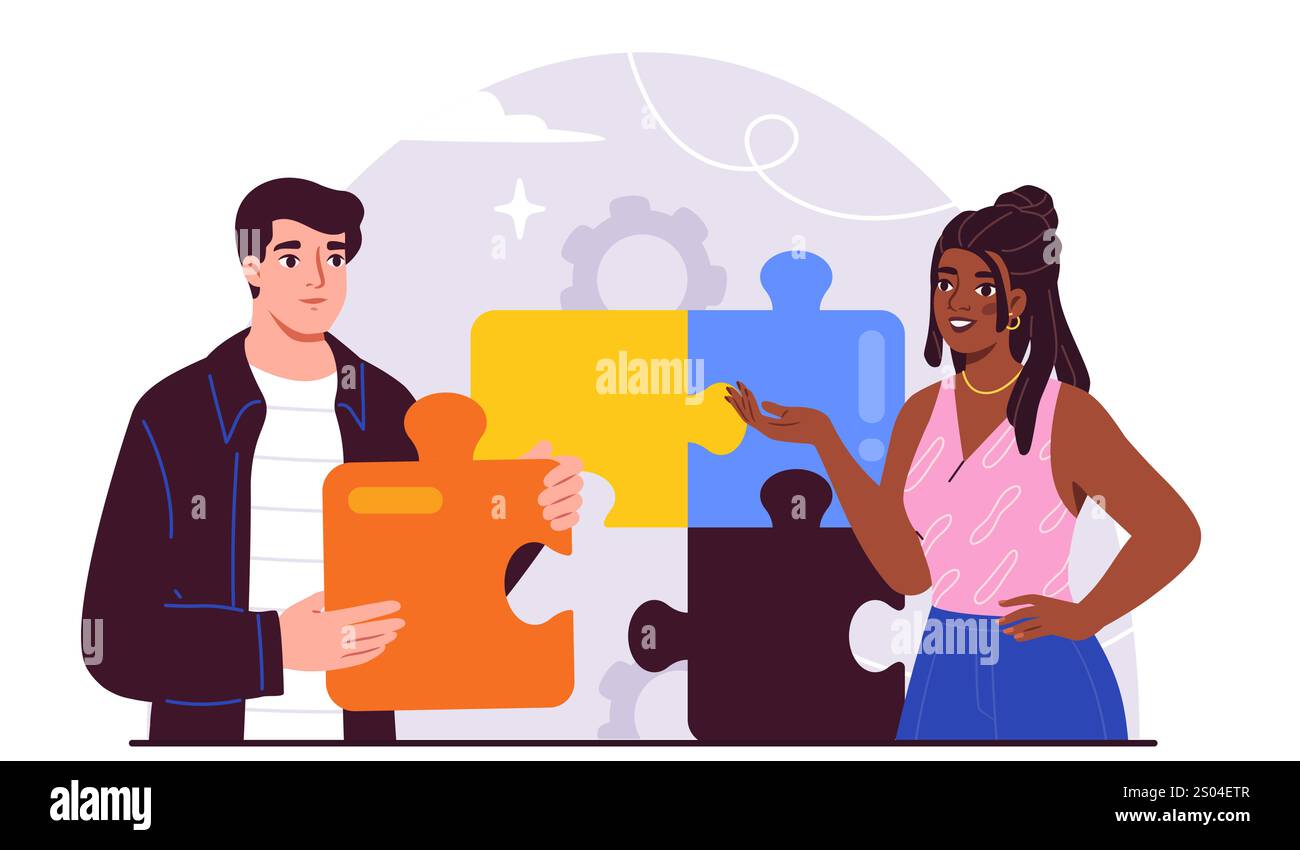 People with puzzle. Man and woman fit puzzles. Collaboration and ...
