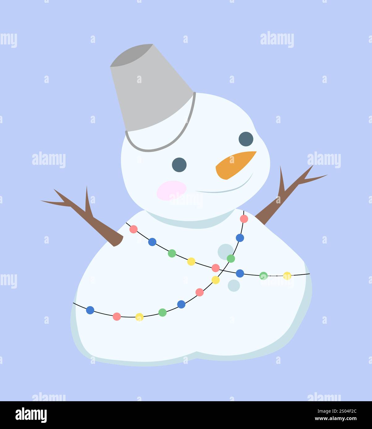 Cute snowman in hat. Man from snowballs in bucket on head. Cold season ...