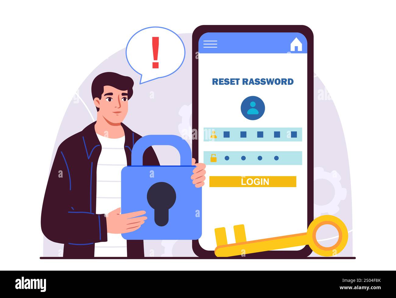 Man reset password. Young guy with padlock and gold key near smartphone ...