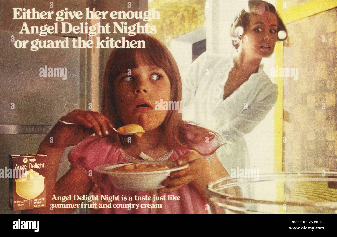 1971 UK Bird's banana flavor Angel Delight dessert mix ad Stock Photo ...
