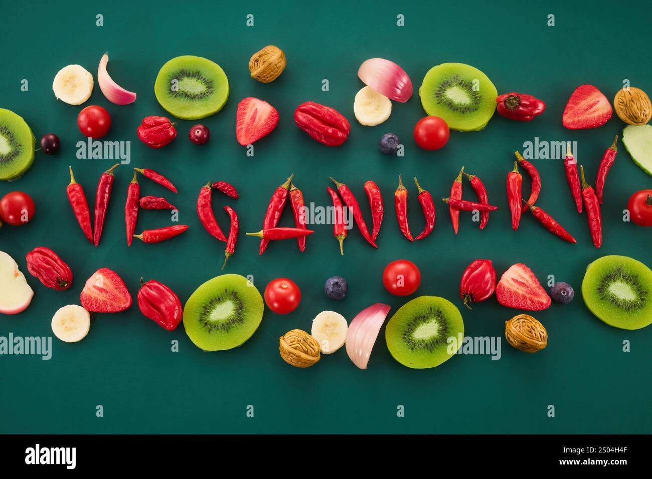 Vegetarian diet month in january called Veganuary. Veganuary word made ...