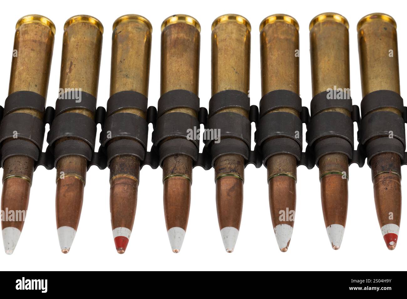 .50 BMG caliber machine gun ammunition belt with cartridges isolated on ...