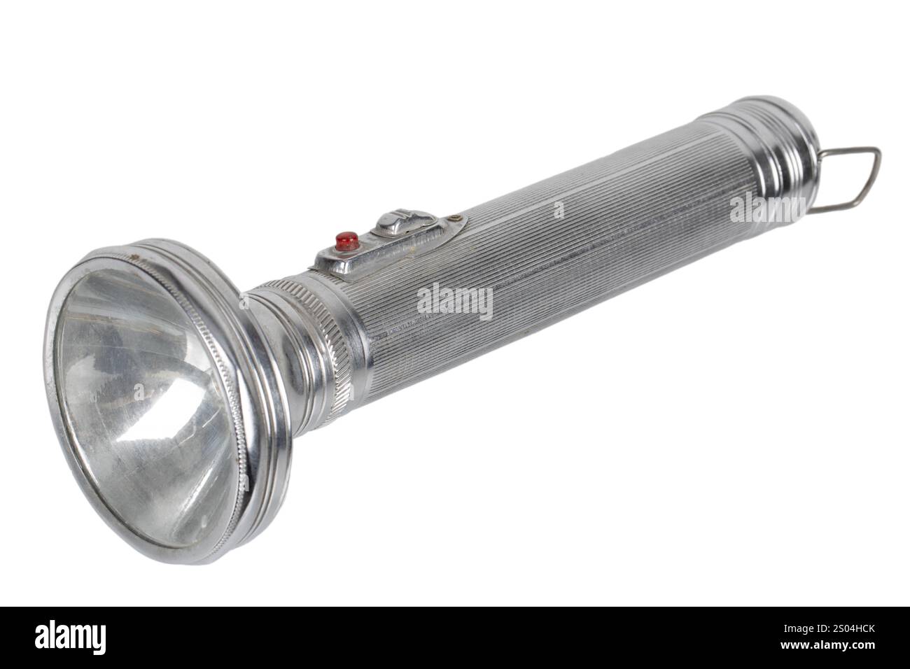 retro vintage battery powered flashlight isolated on white background ...