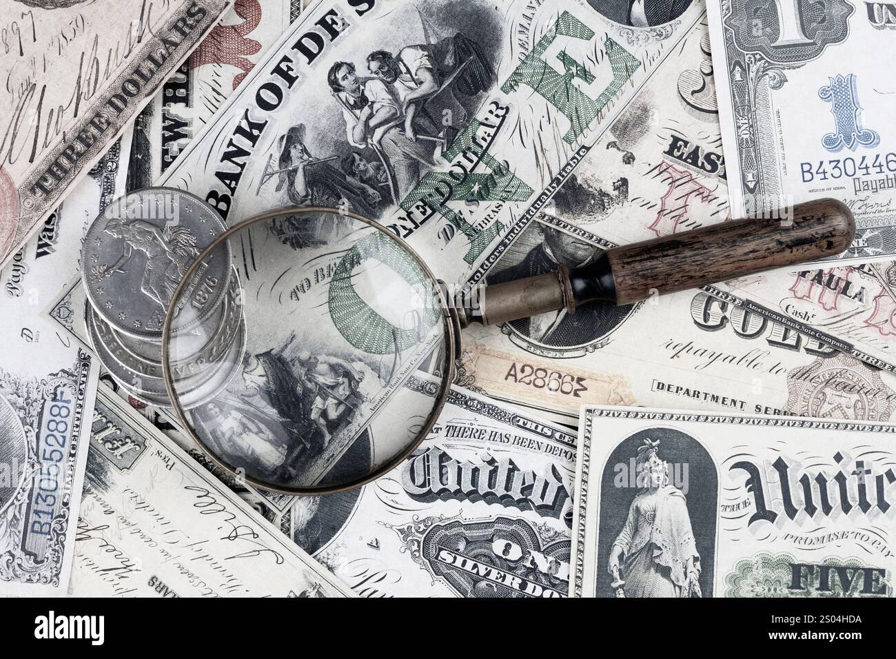 Retro vintage US greenback banknotes and silver certificates with ...