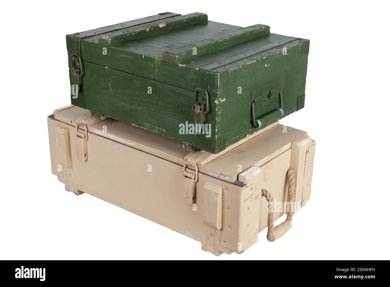 Ammunition crates yellow and green color for artillery shells isolated ...