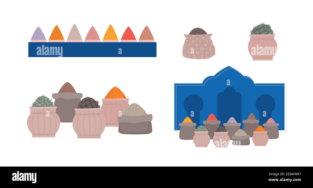 Eastern asian arabic spice market with bags, baskets. Oriental moroccan ...