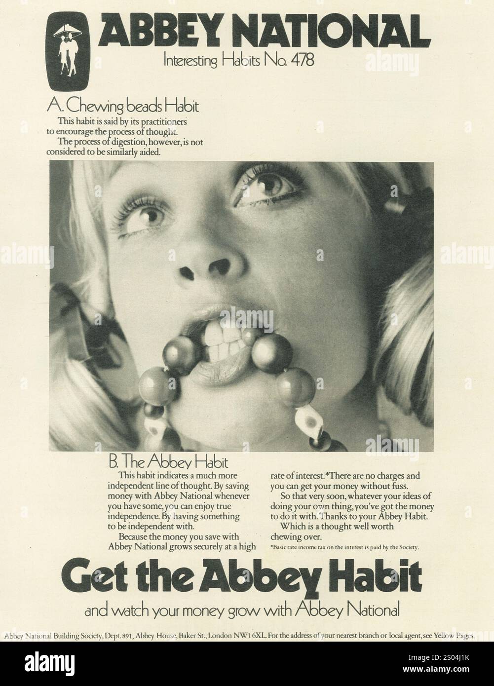 1973 UK Abbey National Building Society Ad - "A chewing beads habit ...