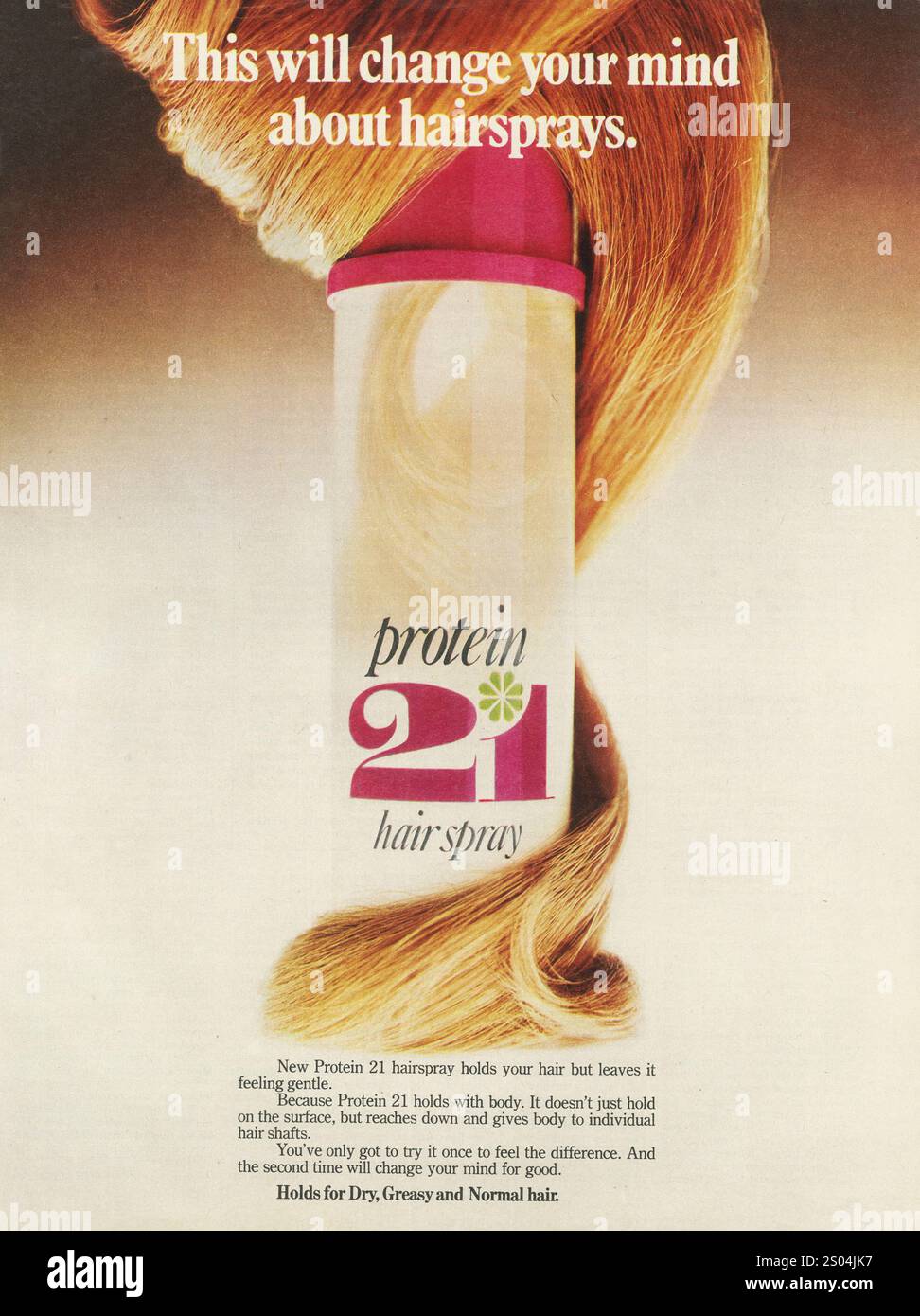 1973 UK Protein 21 hairspray ad Stock Photo - Alamy