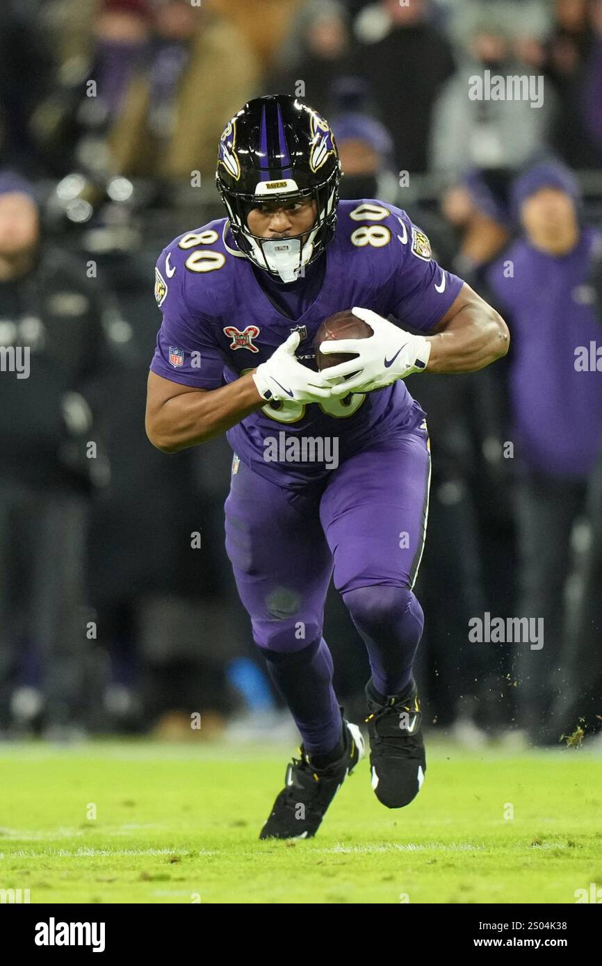 Baltimore Ravens tight end Isaiah Likely (80) wins after a catch during ...