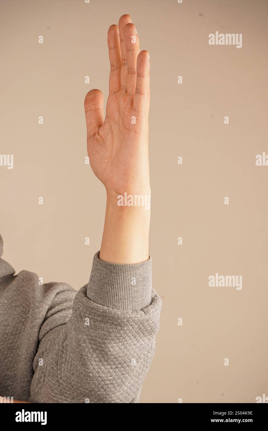 With an open palm facing forward, the stop gesture takes center stage ...