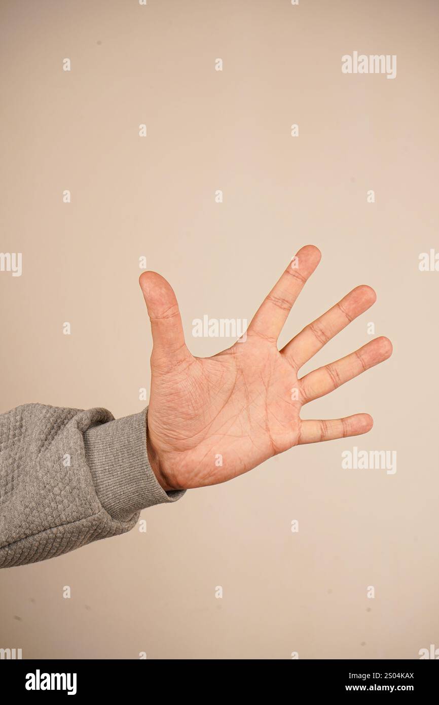 An open palm facing forward creates a clear stop gesture against a ...