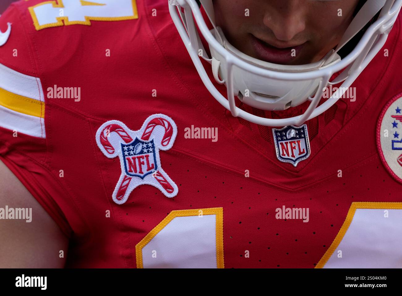An NFL logo with candy canes is seen on the jersey of Kansas City ...