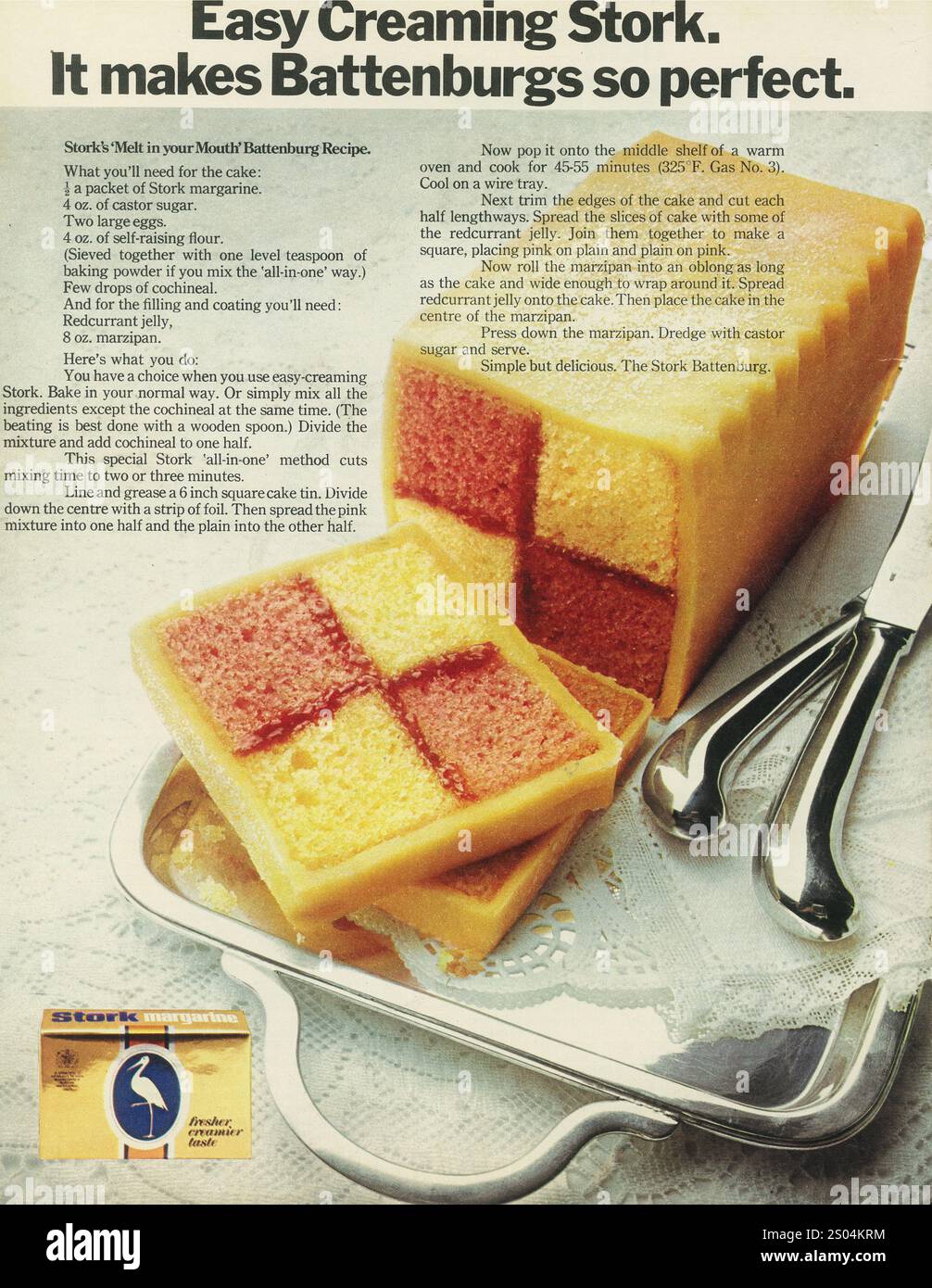 1973 UK Stork margarine ad with Battenburg recipe Stock Photo - Alamy