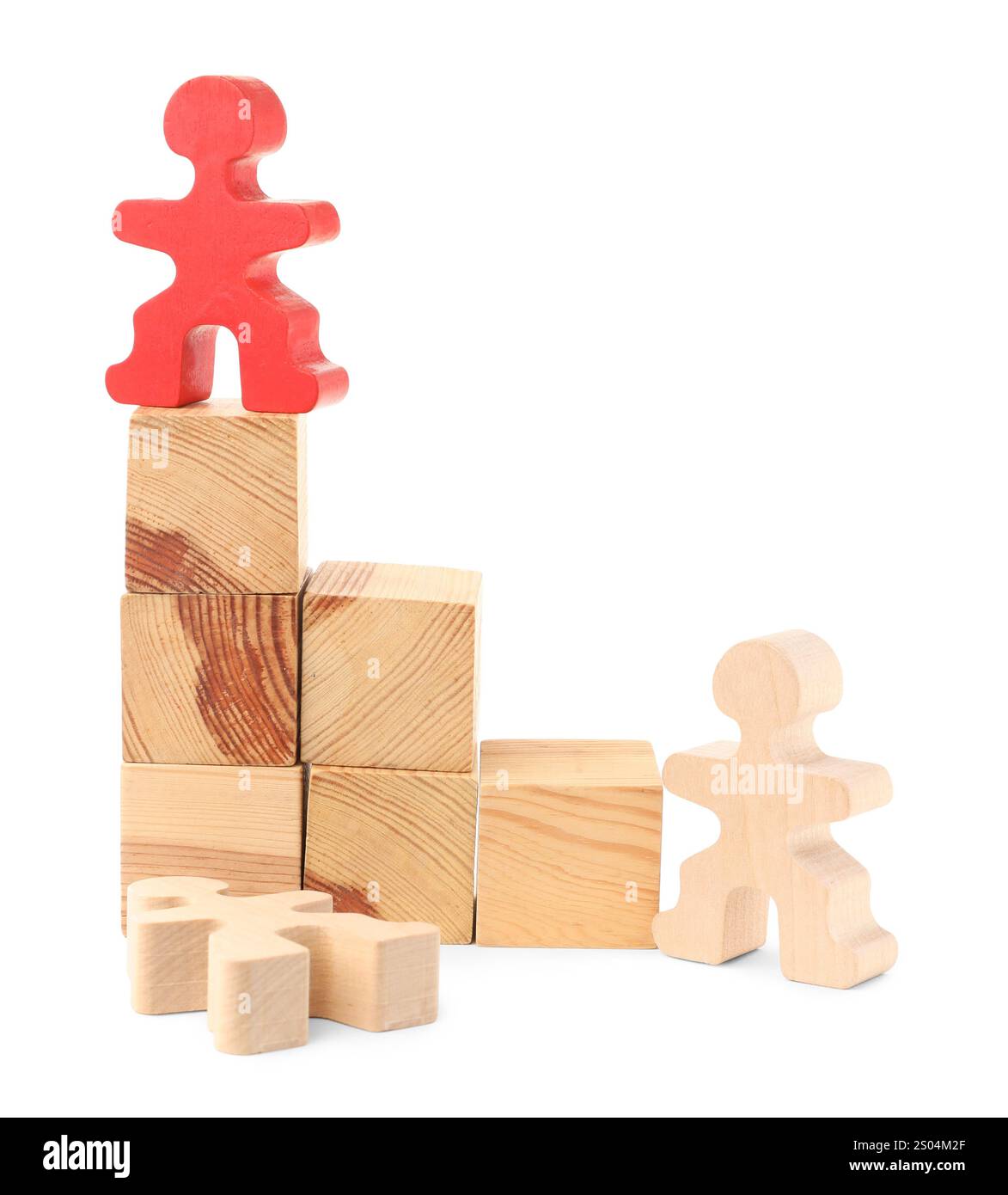 Human Figures And Wooden Blocks As Stages Red One On Top Against White