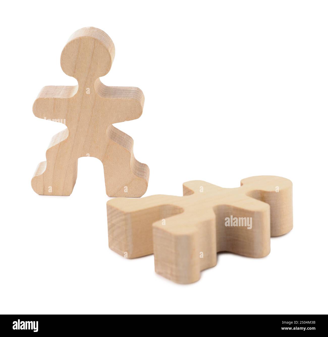 Wooden human figure near fallen one on white background. Competition ...