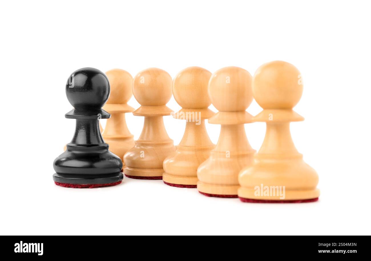 Black pawn in front of white ones isolated on white. Competition ...