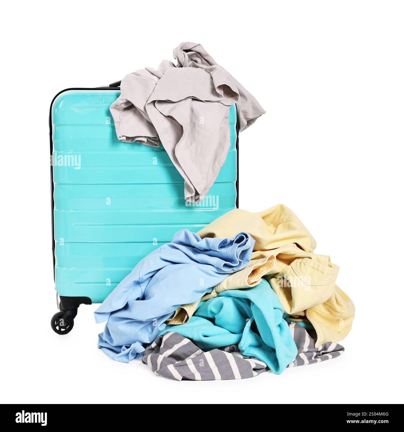 Suitcase and pile of different messy clothes isolated on white Stock ...
