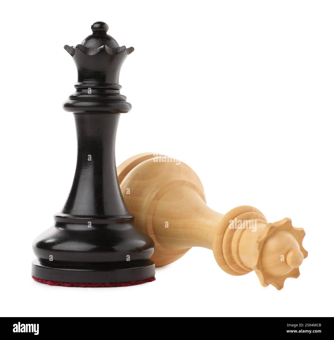 Chess queen near fallen one on white background. Competition concept ...