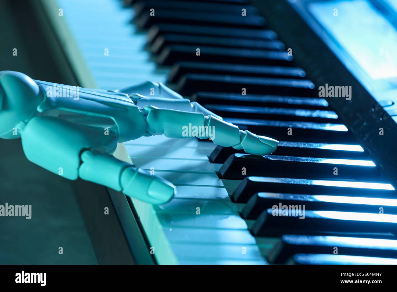 Artificial intelligence. Robot hand playing synthesizer in blue light ...