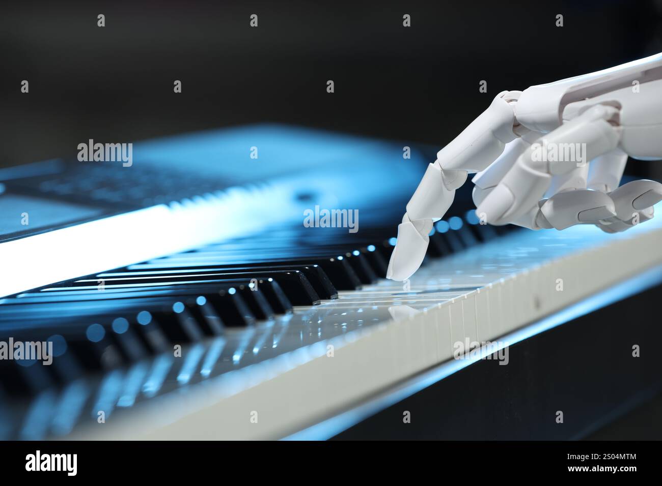 Artificial intelligence. Robot hand playing piano on dark background ...
