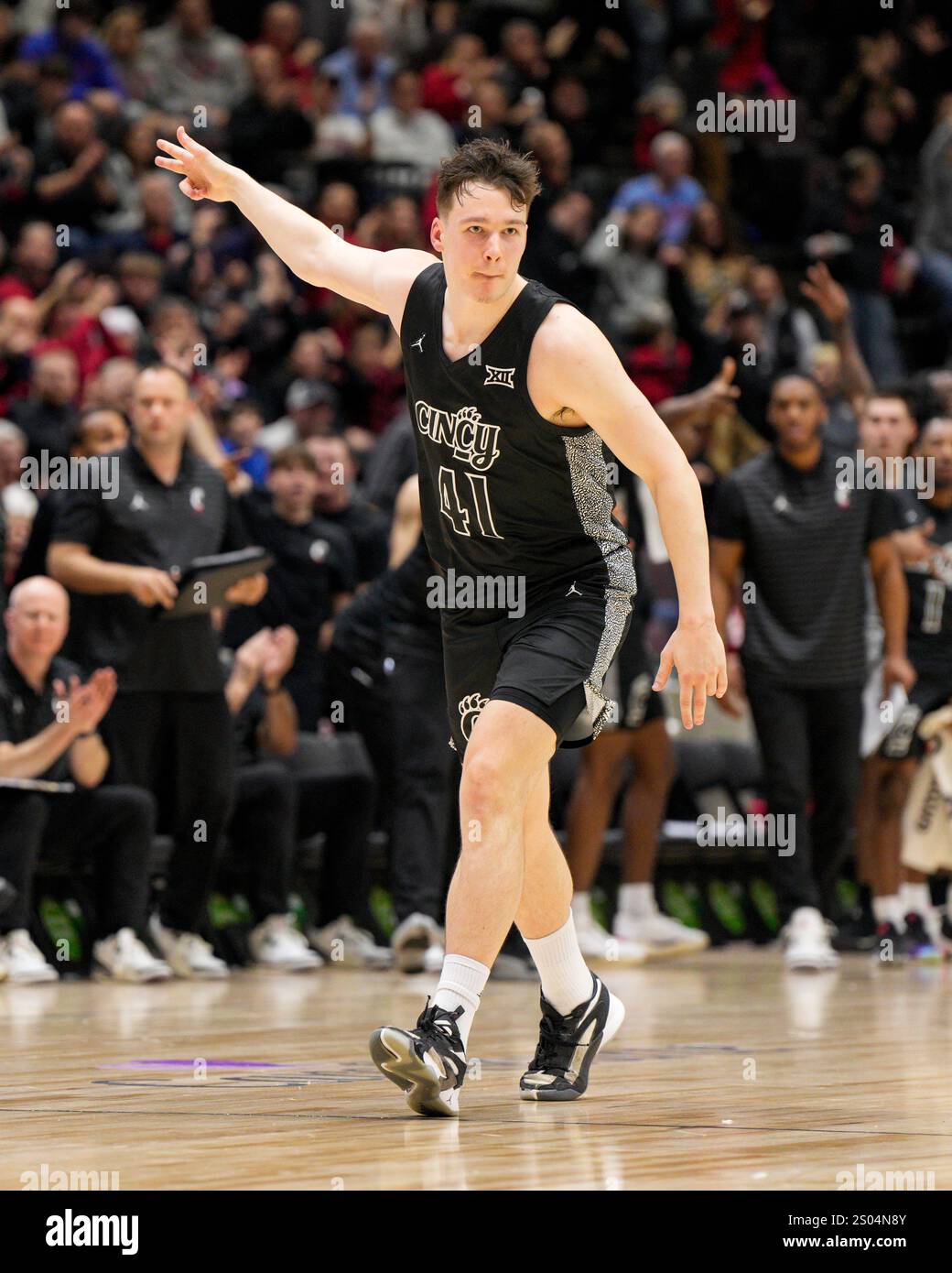 Cincinnati guard Simas Lukosius (41) gestures after scoring during the ...