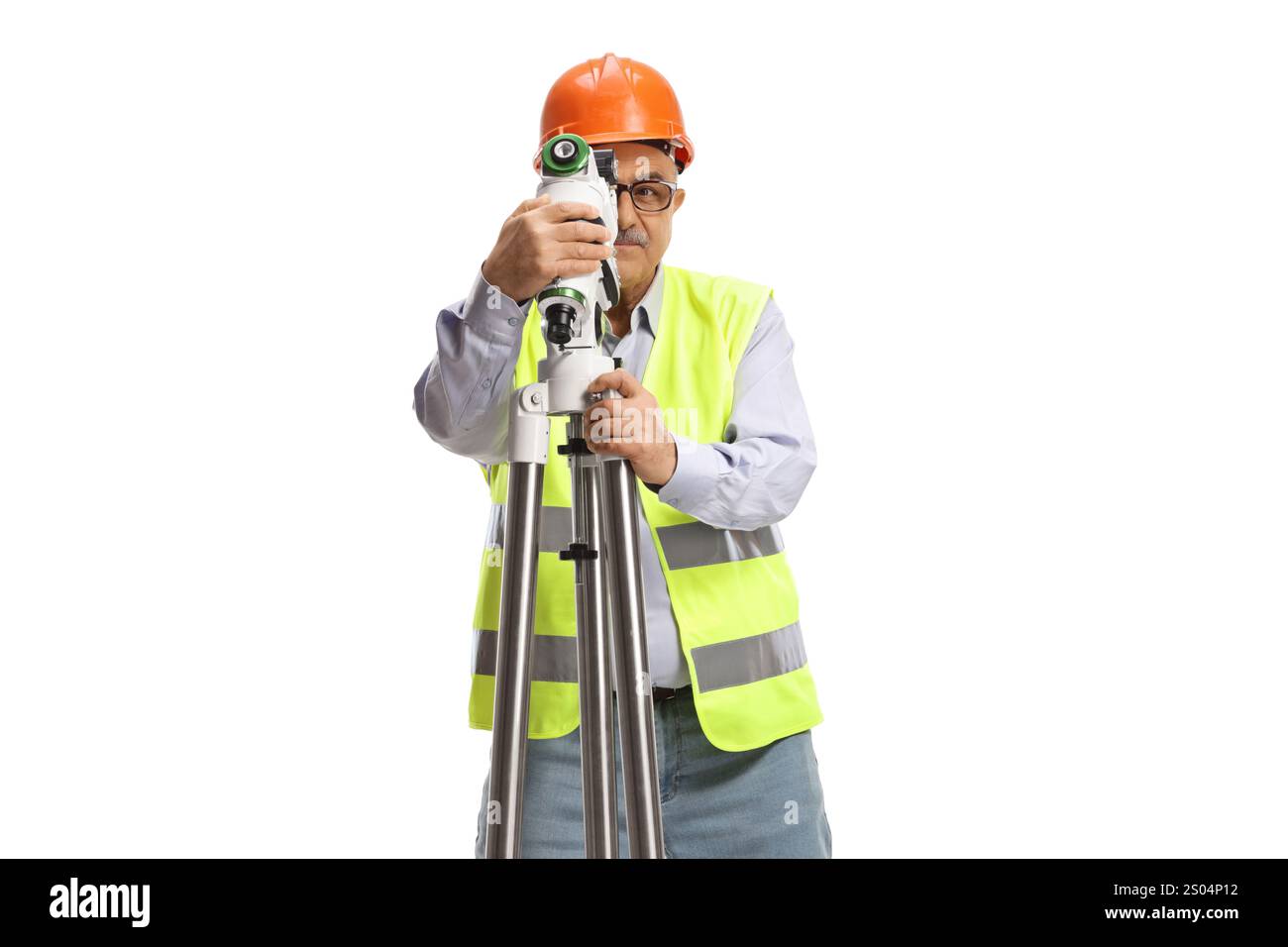 Geodetic surveyor working with a measuring equipment isolated on white ...