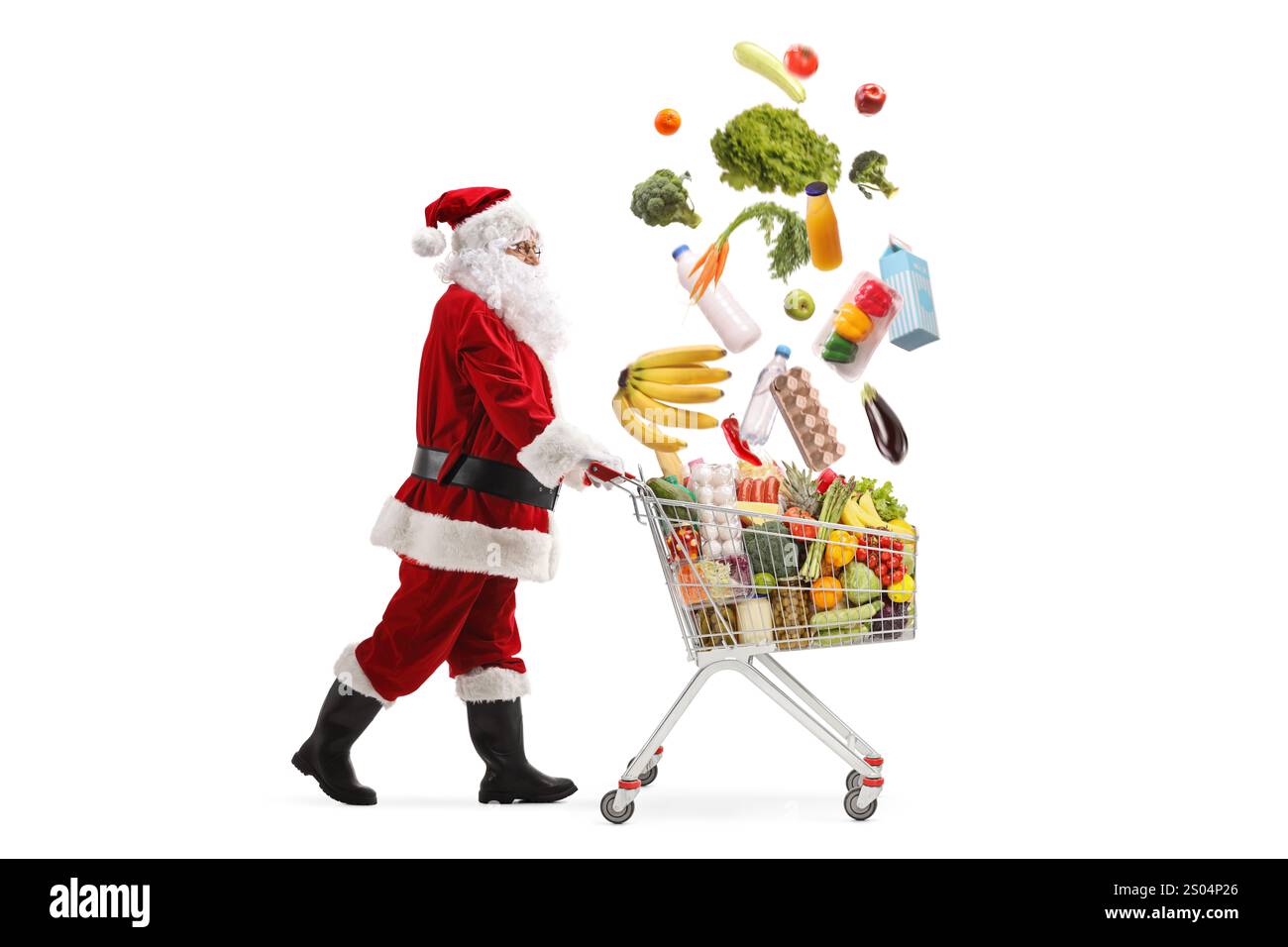 Santa Claus walking and pushing a shopping cart with falling food and ...