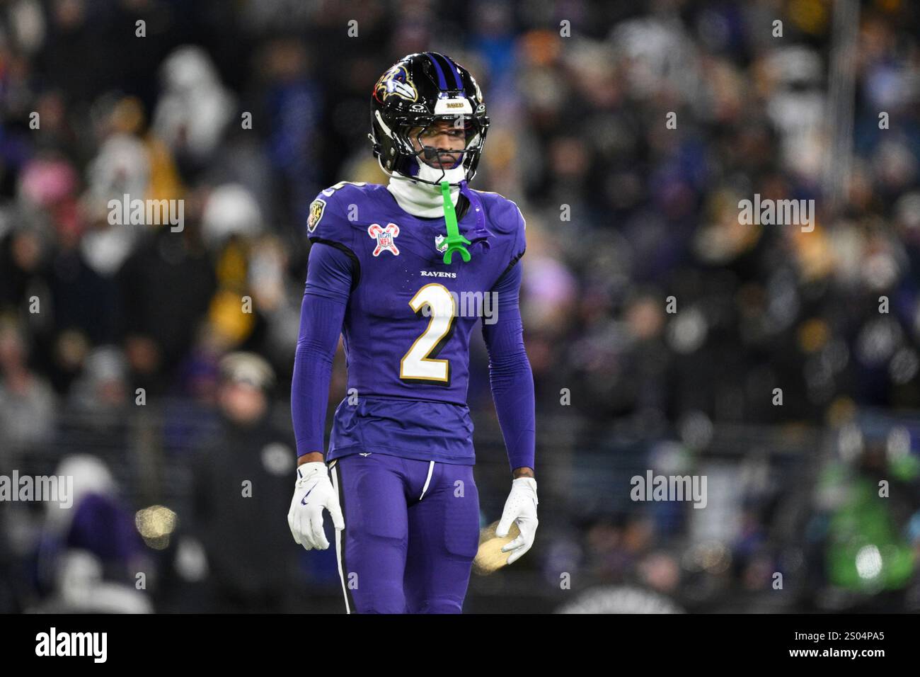 Baltimore Ravens cornerback Nate Wiggins (2) looks on between plays ...