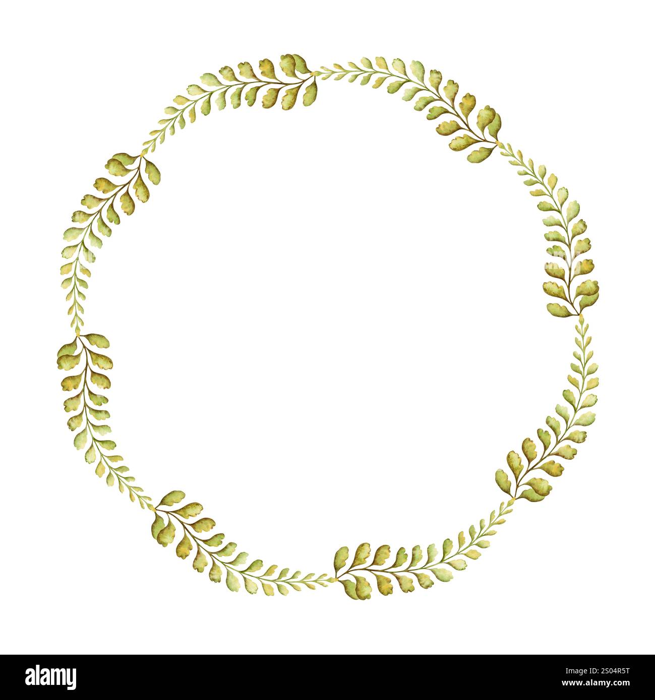 Round thin wreath with fern leaves botanical card template in earth ...