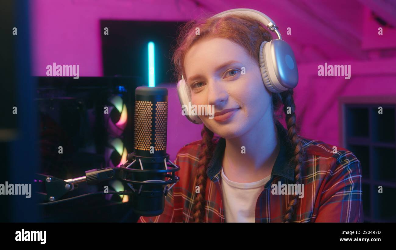 Caucasian woman teenager girl student female streamer blog cyber sport ...