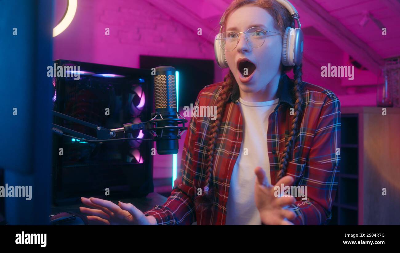 Happy girl teen Caucasian woman female blogger vlogger influencer radio ...