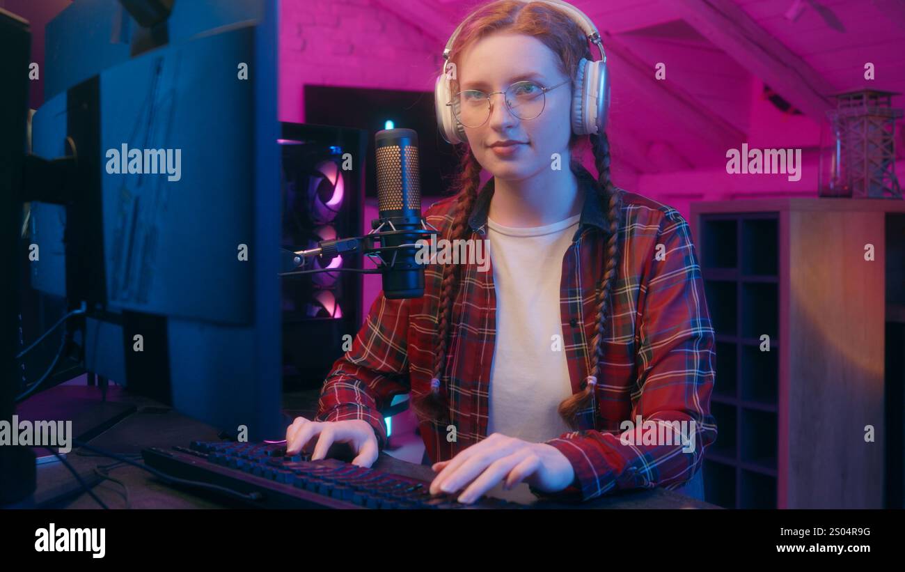 Close up Caucasian woman girl streamer gamer cyber gaming addiction ...