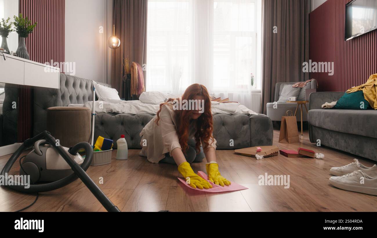 Caucasian woman maid girl housekeeping duties home chores housework ...