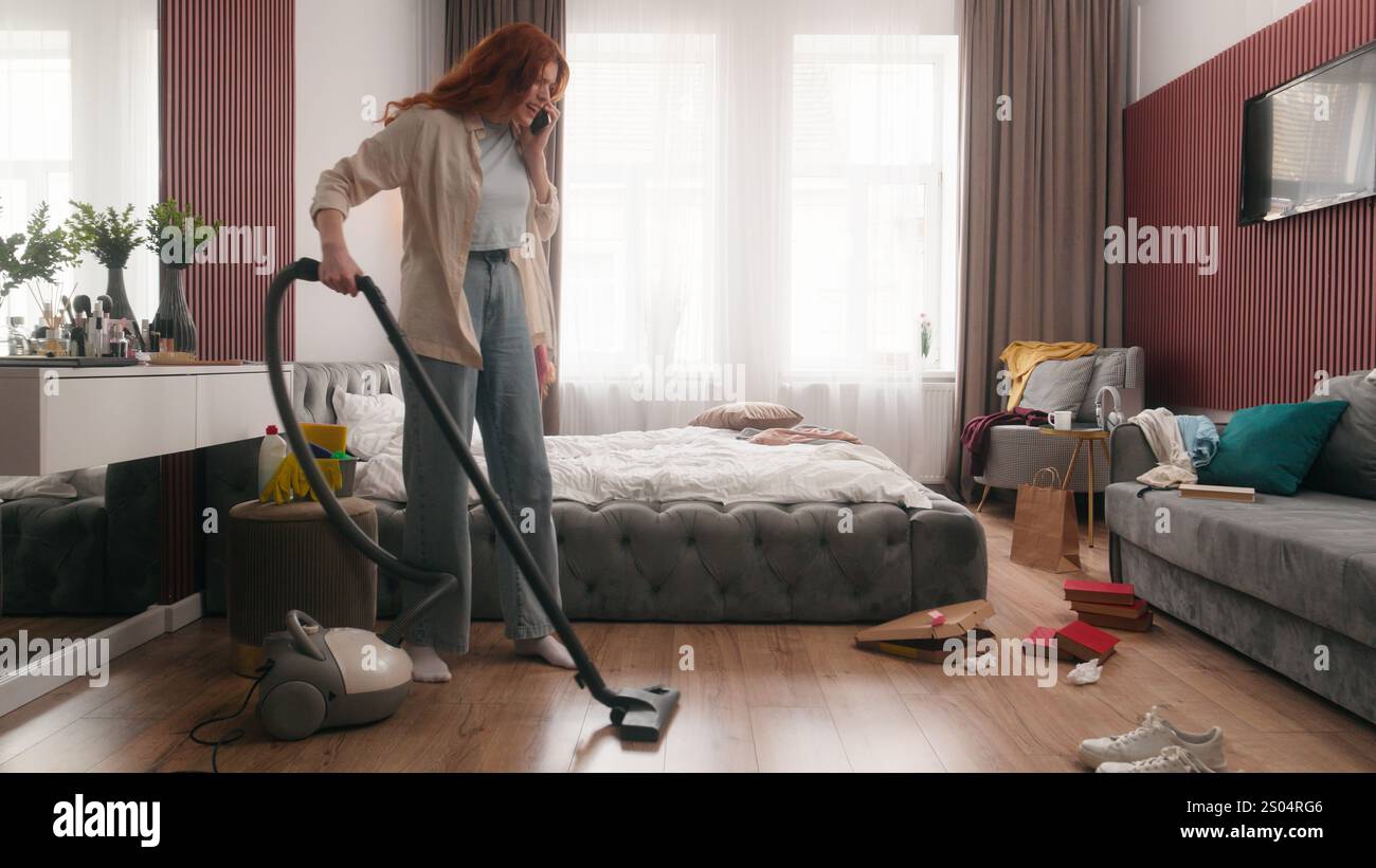 Mess in bedroom home cleaning stressed busy woman girl lady female ...