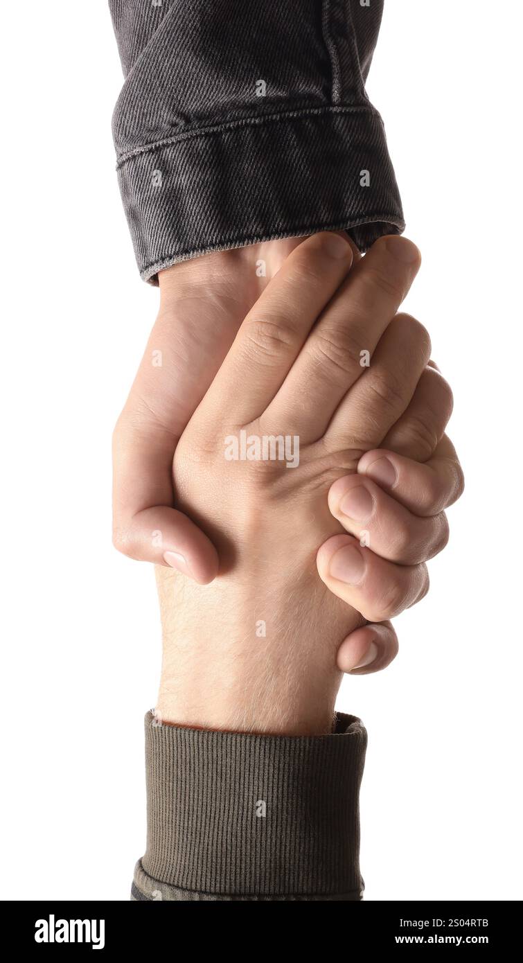 Help and support. People holding hands on white background, closeup ...